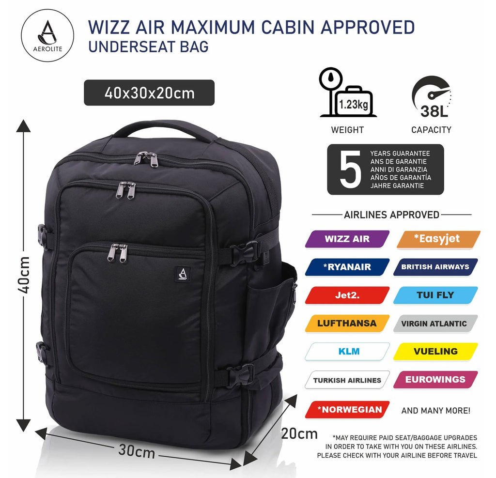 Aerolite 40x30x20cm Wizz Air Maximum Size Eco-Friendly Backpack ♻️ Wit ...