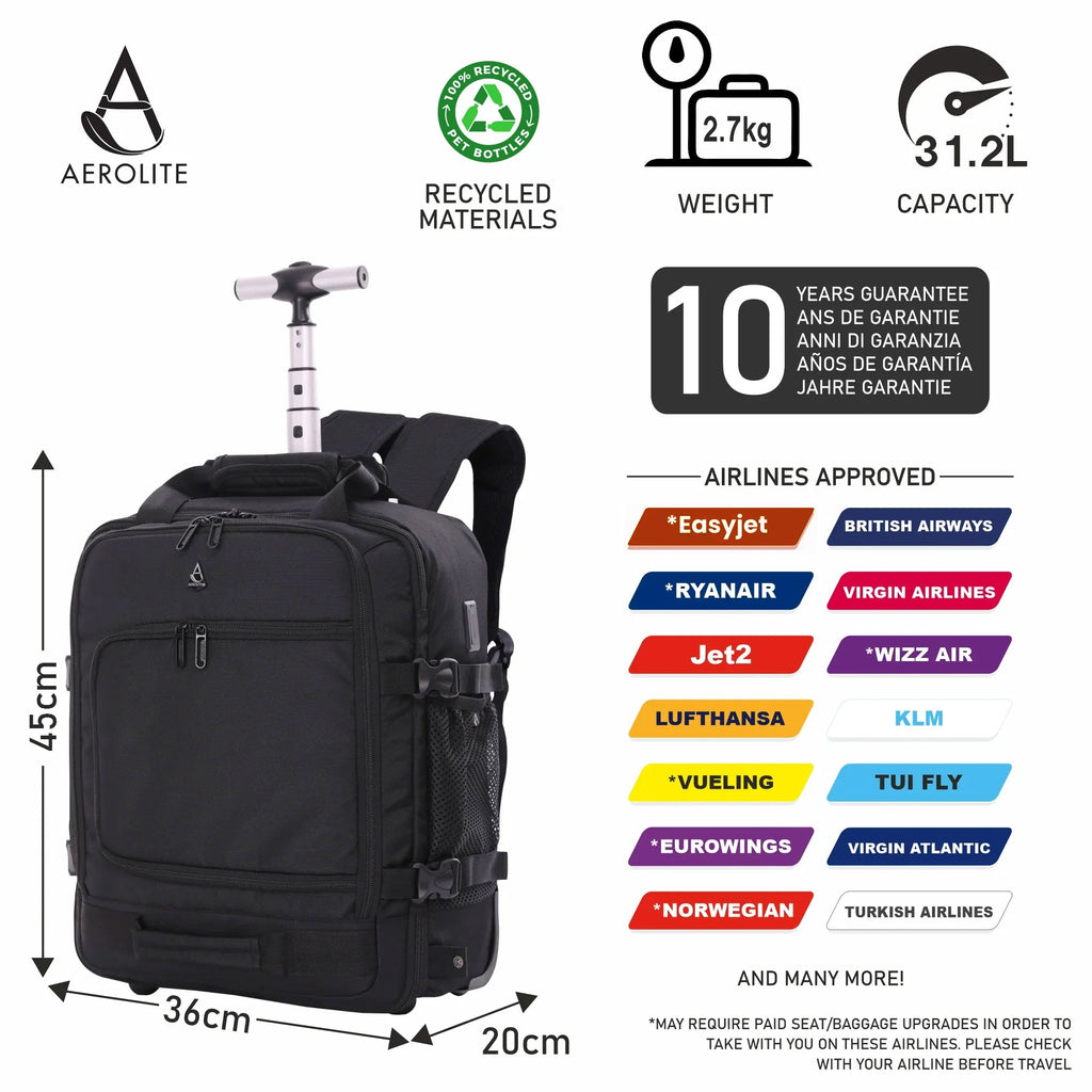 Aerolite 45x36x20cm Easyjet Maximum Size Premium Backpack Trolley Bag ...
